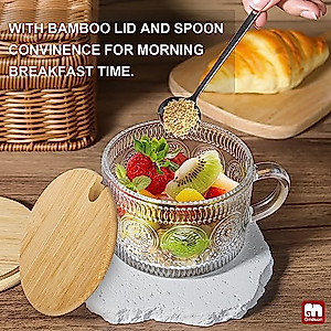 GMISUN Vintage Coffee Mugs, 14oz Glass Coffee Mug Set with Bamboo Lids, Large Clear Coffee Mug with Spoons, Big Coffee Cup Set with Handle, Clear Coffee Cups for Coffee, Iced Coffee (2 Pack)