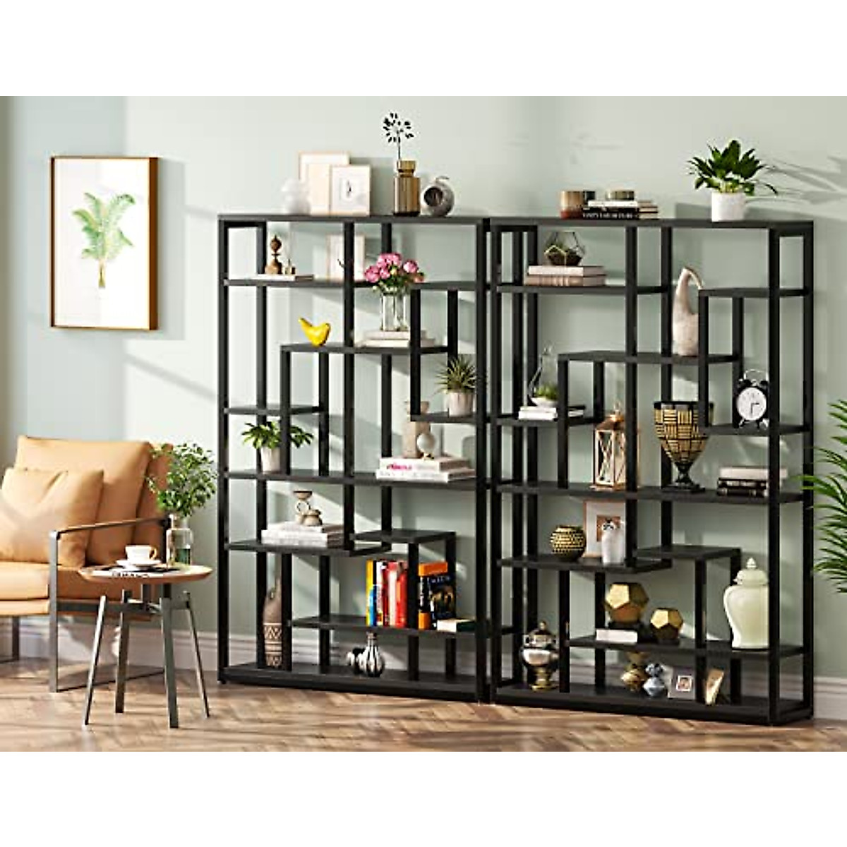 Tribesigns Black Bookshelf 47” Bookcase 9 Tier Tall Book Shelf Rustic Geometric Bookcase Display Shelf Organizer with Open Storage Shelf for Living Room, Industrial Wood Metal Bookshelf for Office