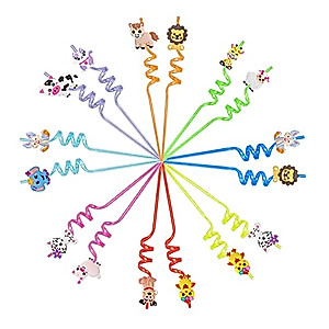 16pc Animal Plastic Straws, Chicken Sheep Horse Cow Pig for Farm Barnyard Birthday Party Supplies Reusable Straws Cartoon Lion Cat Dog Elephant Leopard Girafee for Party Favors with 2 Cleaning Brushes