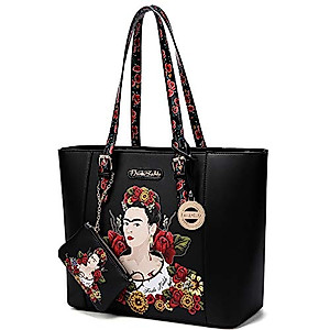 Authentic Frida Kahlo Print PU Leather 2 in 1 Large Shopper Tote Bag (Flower Series - Black)