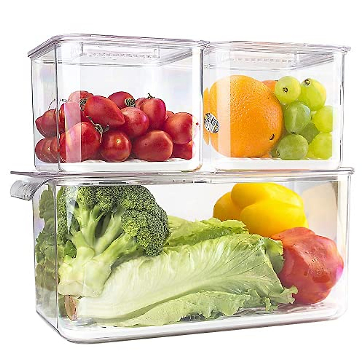Redrubbit Fridge Food Storage Containers Bins Produce Saver with Vented Lids, Stackable Refrigerator Freezer Organizer with Removable Drain Tray, Fresh Keeper, 3 Pack