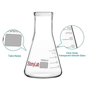 stonylab 1-Pack Glass 100 ml Heavy Wall Narrow Mouth Erlenmeyer Flasks with Heavy Duty Rim - (100ml Fits with StonyLab 5# Rubber Stopper)