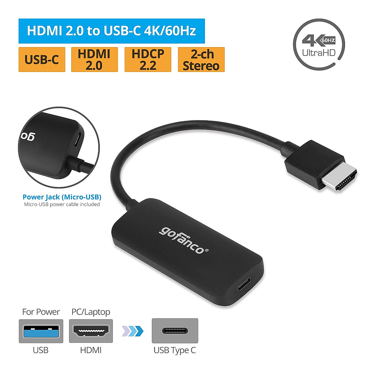 gofanco HDMI 2.0 to USB C Converter (HDMI to USB-C Monitor) – Compatible with Xreal, Rokid Air/Max, VITURE One, RayNeo, Portable Monitor, laptops, Switch, ROG Ally, Steam Deck, PS4/5, Xbox(HDMIUSBC)