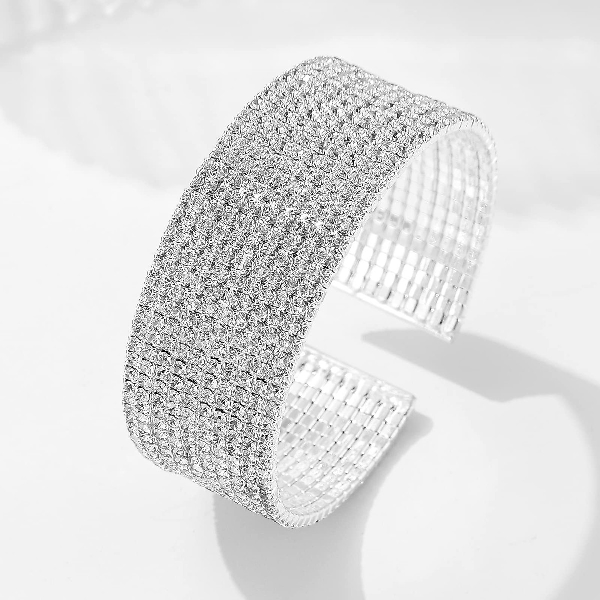 Ecesha Sparkly Silver Simple 10 Rows Rhinestone Crystal Cluster Wide Arm Cuff Bracelet Wedding Jewelry for Women Bridal Gift for Formal Prom Party