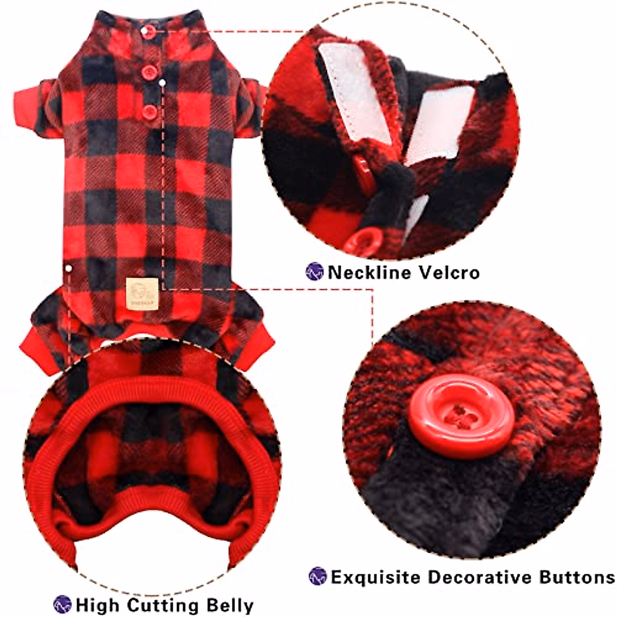 cyeollo Dog Pajamas Thermal Warm Dog Pjs Onesie Red Buffalo Dog Clothes Doggie Small Medium Dog Pajamas Outfits for Winter Cold Weather