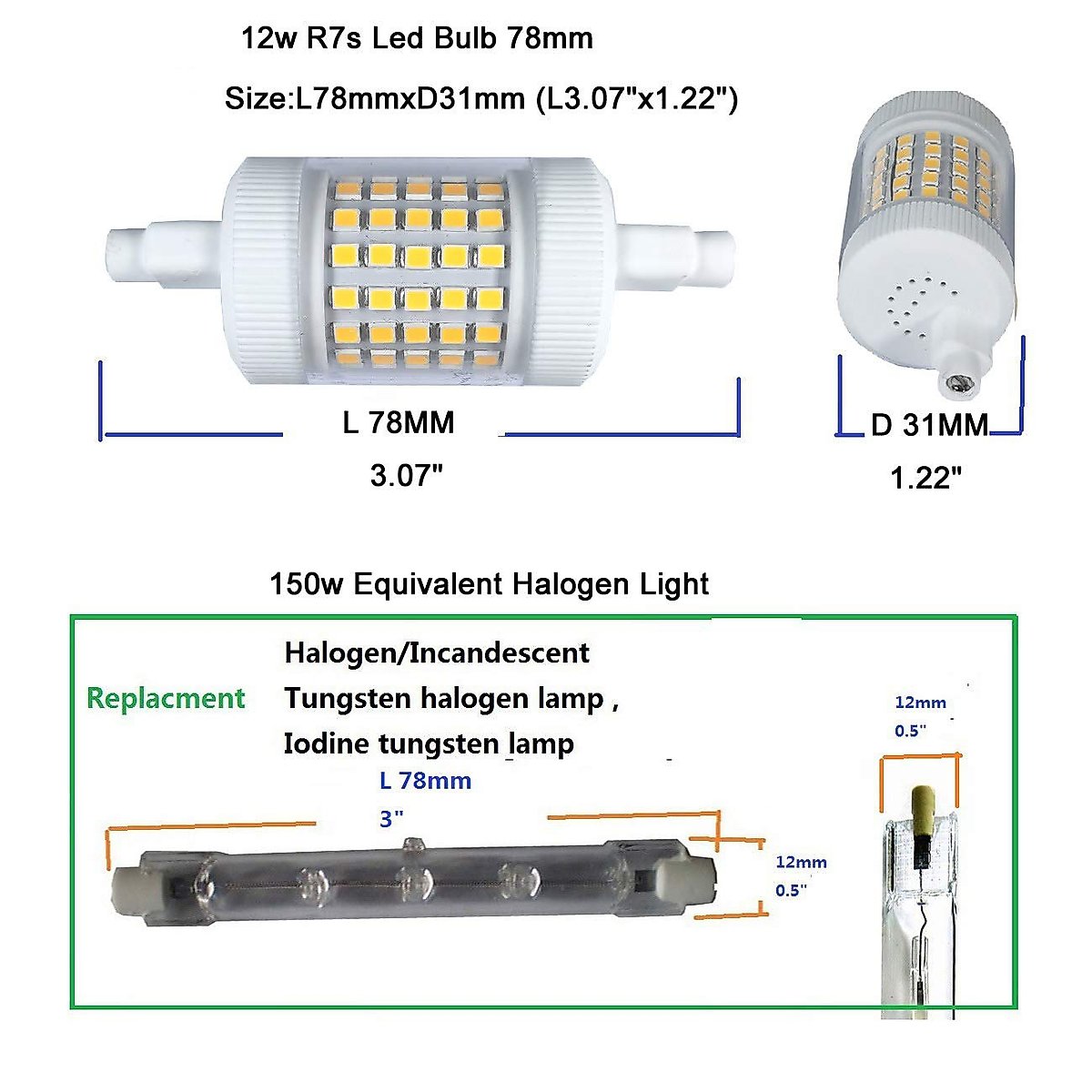 QLEE Dimmable 12w R7s Led Bulb 78mm Daylight 150w Equivalent Halogen Light 3.1" Double Ended J Base T3 R7s 150w 120v Flooding Light Reading Working Security Floor Lamp Soft Light 2PCS