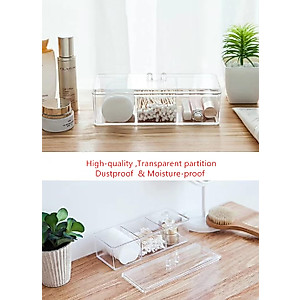 JRIQH 3 Grids Qtip Hold Dispenser.Qtip Organizers and Storage with Lid for Bathroom Vanity Countertop for Cotton Swabs,Cotton Rounds,Lipstick,Hairpin,Cosmetics (3 Grid transparent)