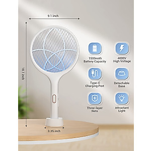 YISSVIC Electric Fly Swatter 4000V Bug Zapper Racket Dual Modes Mosquito Killer with Purple Mosquito Light Rechargeable for Indoor Home Office Backyard Patio Camping