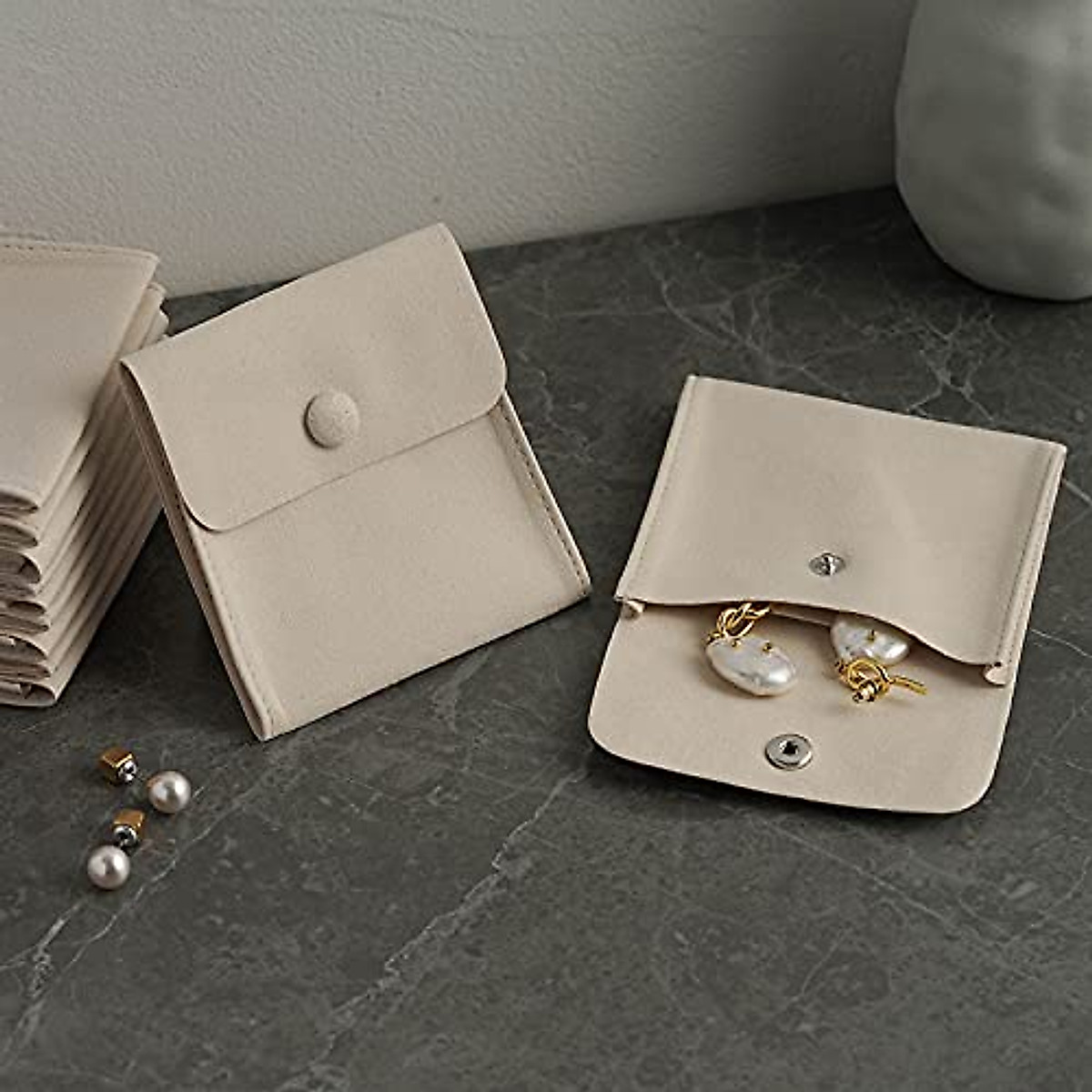 PandaSew Microfiber Jewelry Pouch, 20pcs 8x8cm Luxury Small Jewelry Gift Bag Package Snap Button with Divider Beige