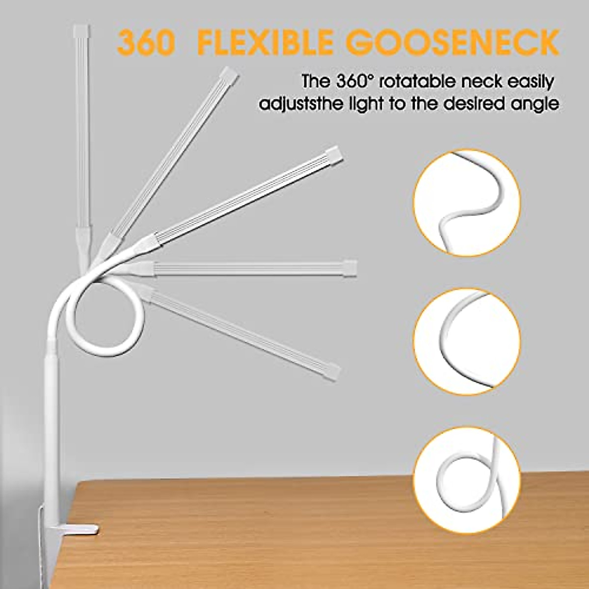Voncerus LED Desk lamp with Clamp, Eye-Caring Clip on Lights for Home Office, 3 Modes 10 Brightness, Long Flexible Gooseneck, Metal, Swing Arm Architect Task Table Lamps with USB Adapter, White