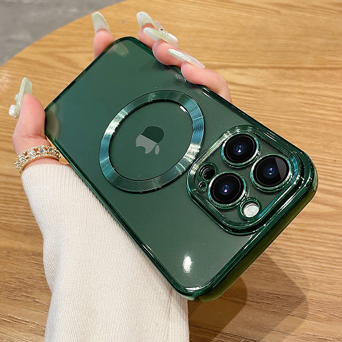Uioeua Compatible with iPhone 13 Pro Max Magnetic Clear Case,Luxury Plating Bling Transparent Shockproof MagSafe Case with Full Camera Lens Protector for iPhone 13 Pro Max Women Girl Men-Green
