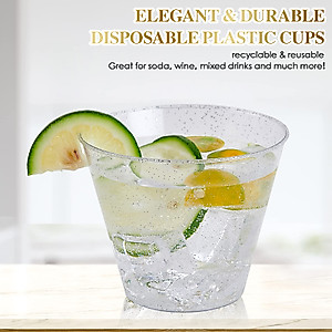 FOCUSLINE 9 oz Silver Plastic Cups, Disposable Clear Fancy Hard Plastic Cups, Silver Glitter, Heavy Duty, Reusable,100 Count