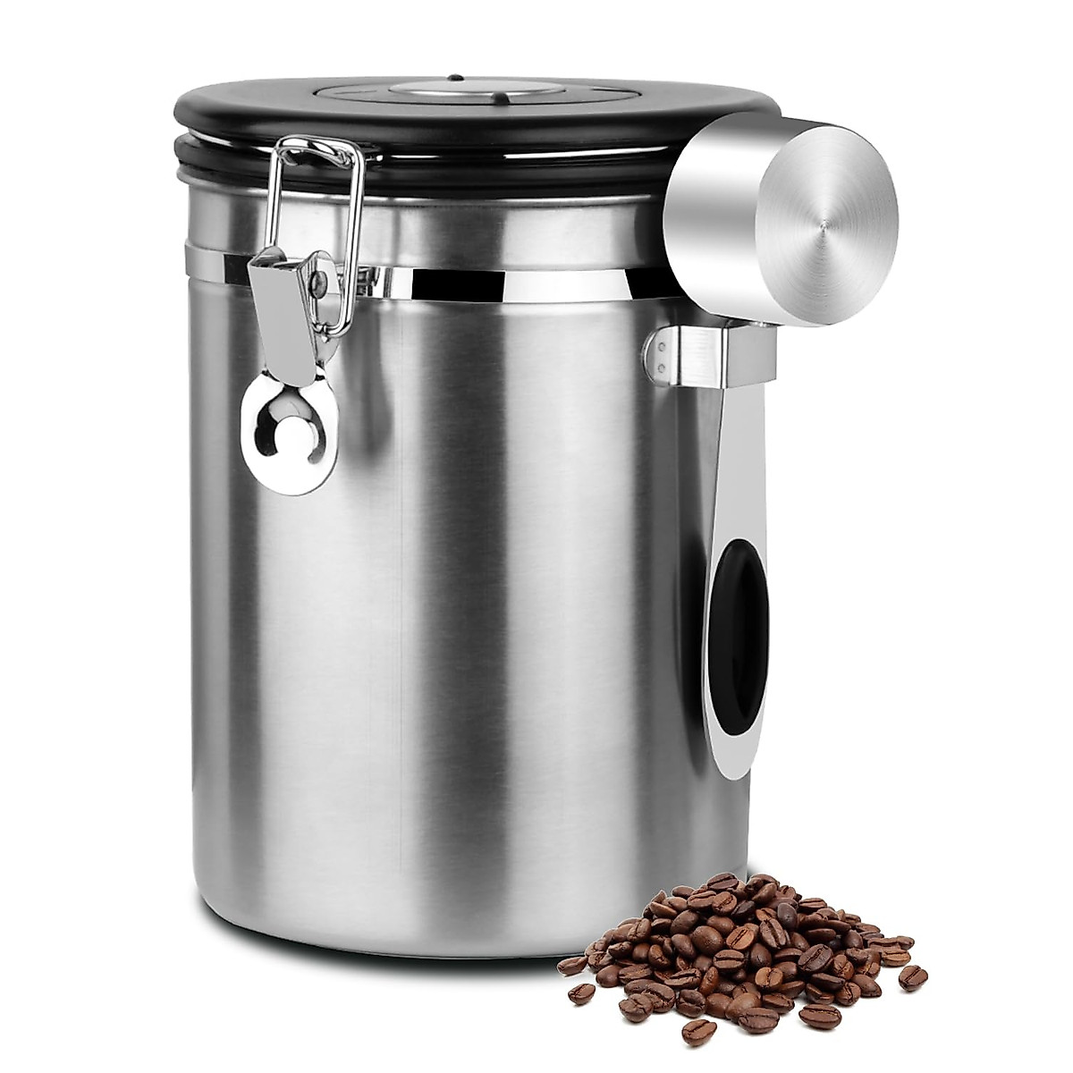 Coffee Canister Airtight Storage Container 1.8L Stainless Steel Air Tight Coffee Jar with Scoop, Date Tracker CO2 Release Valve for Dry Food, Beans, Ground, Tea, Flour, Cereal and Sugar (Silver)