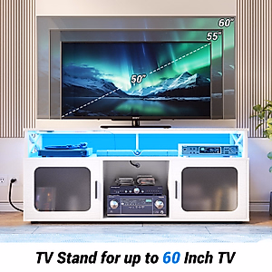 Aheaplus TV Stand for 55 60 Inch TV, Entertainment Center with LED Light & Charging Station, TV Console Table, Large Media Console Cabinet w/Soundbar Shelf, Cord Holes, for Living Room, Bedroom, White