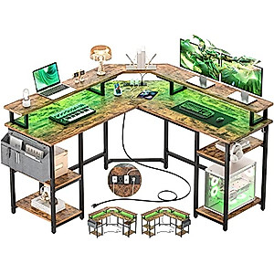 Aheaplus L Shaped Gaming Desk with Power Outlets & LED Lights, Corner Computer Desk with Monitor Stand and Storage Shelf, Home Office Writing Desk with Storage Bag, Rustic Brown