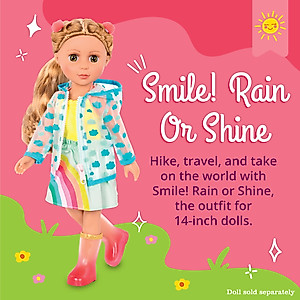 Glitter Girls – 14-inch Doll Clothes - Smile! Rain Or Shine Outfit – Rainbow Dress, Hair Clips, Raincoat, and Rain Boots – Toys, and Accessories for Kids Ages 3 & Up