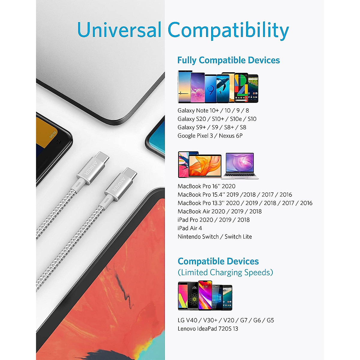 Anker Cable 100W 10ft, New Nylon USB C to USB C 2.0, Type C Charging Cable Fast Charge for MacBook Pro 2020, iPad Pro 2020, iPad Air 4, Galaxy S20, Pixel, Switch, LG, and More(Silver)