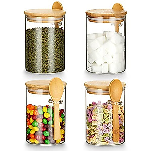 Mfacoy Set of 4 Airtight Glass Jars with Bamboo Lids & Spoons, 17 oz Borosilicate Glass Jars Containers, Clear Food Storage Canister for Cookie, Candy, Coffee, Sugar, Matcha Tea, Flour
