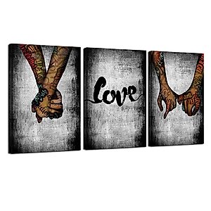 sechars Graffiti Canvas Wall Art Love Hand in Hand Painting Poster Print Abstract Pop Art for Bedroom over The Bed Decoration Lover Artwork Framed Ready to Hang 16x24inchx3PCS