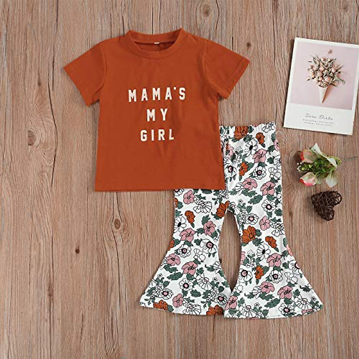 Nie Cuimeiwan Toddler Baby Girl Bell Bottoms Outfit Letter Print T-shirt Floral Flare Pants Set Summer Clothes 2Pcs