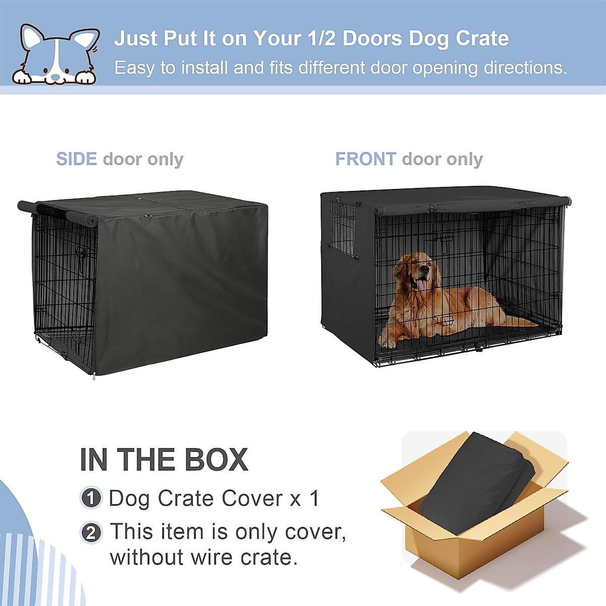 Explore Land 48 inches Dog Crate Cover Heavy Duty Polyester Pet Kennel Sunshade Universal Fit for Wire Cage (Black)