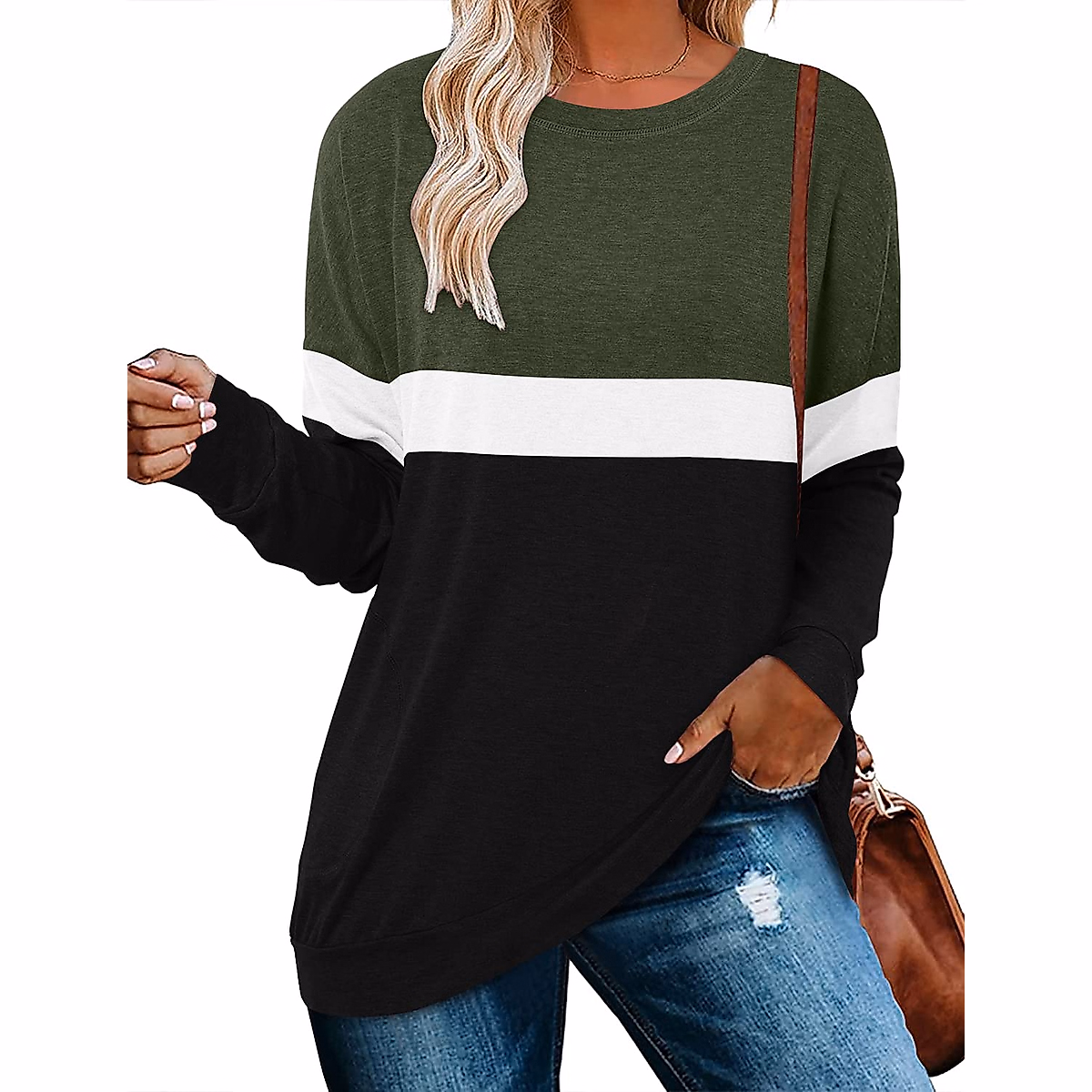 Magritta Girls Loose Fit Tunic Tops with Pockets Crew Neck Stretchy Long Sleeve Striped Color Block Sweatshirt Pullover for Women Green Black X-Large