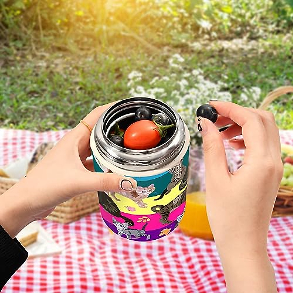 CUPADA Cute Cats Kittens Food Jar, Colorful Stripes Insulated Hot Food Jars Vacuum 17OZ with Folding Spoon for Work Trip Picnic Camping