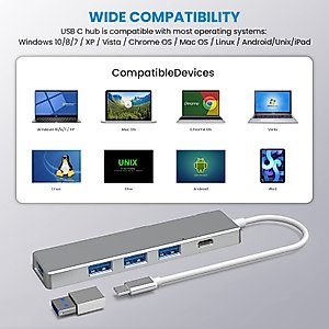 3.0 USB C Hub, Slim Aluminium Alloy High-Speed External USB Port with USB-C to USB Adapter, USB Extender Splitter Compatible with Computer, Mac, PCs, Smartphone, and Tablet