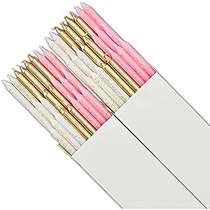 Metallic Glitter Long Thin Birthday Cake Candles in Holders (5 in, 48 Pack)