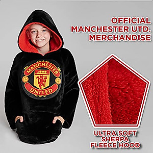 Manchester United FC Fleece Hoodie Blanket for Boys Teenagers One Size Kids Oversized Hoodie Man United Gifts for Boys (Black)