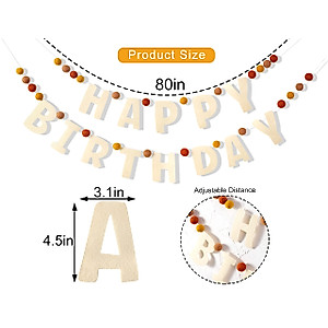 Boho Felt Happy Birthday Garland - Natural Handmade Wool Letters & Balls, Boho Birthday Decoration, Decorations for Children's Birthday Parties, Assembled Happy Birthday Banner