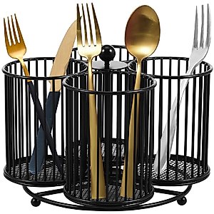Metal Utensil Caddy 360 Degree Rotating Cutlery Holder 4 Compartment Flatware Storage Basket Portable Multipurpose Countertop Silverware Organizer for Kitchen Picnic Camping Outdoor(16*16*14cm,black)