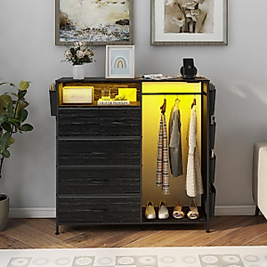 Espelism Dresser for Bedroom with Clothes Rack Side Pockets 5 Drawer Dresser with Charging Station LED Lights Black Storage Chest of Drawers for Nursery Hallway Closet Sturdy Steel Frame Wood Top