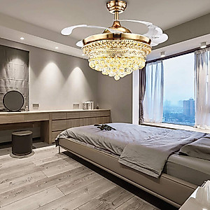 Gdrasuya10 42 Inch Crystal Ceiling Fan with Remote Control, Retractable Invisible Blades, LED Dimmable Chandelier 3 Speed 3 Color Pendant for Bedroom Living Room