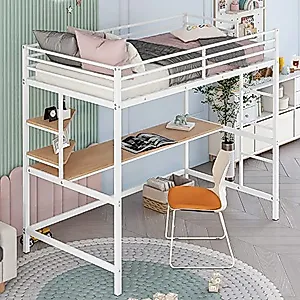 Merax Modern Metal Bunk Bed wit Long Desk and Shelves Loft Bed Frame with Full-Length Gardrail Space-Saving Twin, White