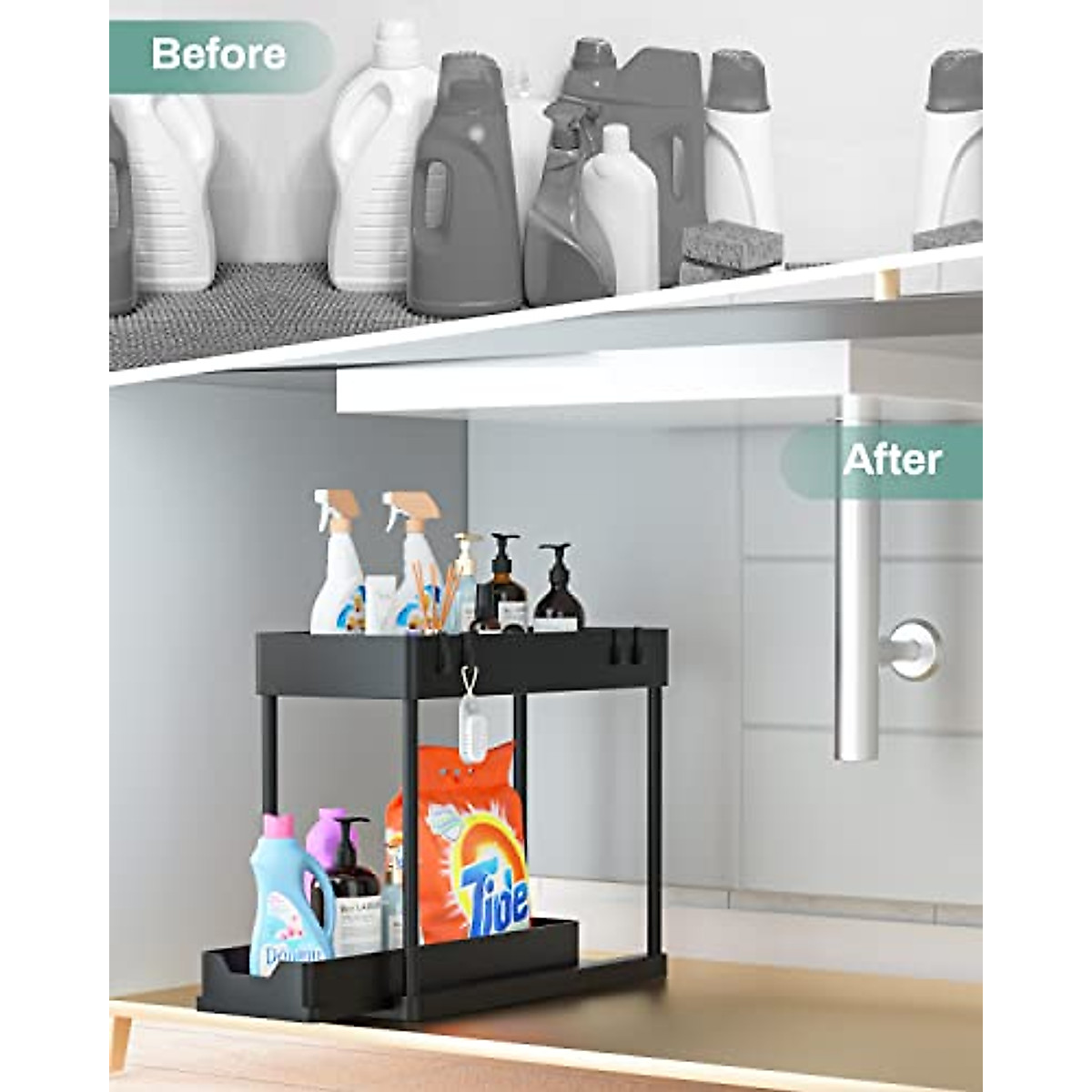 Gaclibl Under Sink Organizers and Storage, 2 Tier Under Cabinet Organizer with 4 Hooks Pull Out Under Sink Storage for Bathroom Kitchen Cabinet Counter Pantry, Black