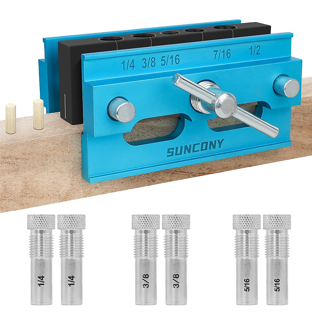 SUNCONY Doweling Jig Self Centering Kit,Biscuit Joiner Woodworking Dowel Jig Tool for Straight Holes, Drilling Jig With 6 Bushings, Ajustable Width Drilling Guide Power Tool Accessory Jigs (Blue)