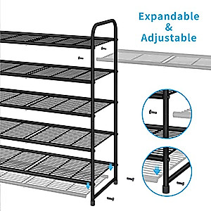 Ekisemio 5-Tier Shoe Rack Organizer, Stackable & Adjustable Shoe Shelf Storage, Heavy Duty Metal Wire, Black
