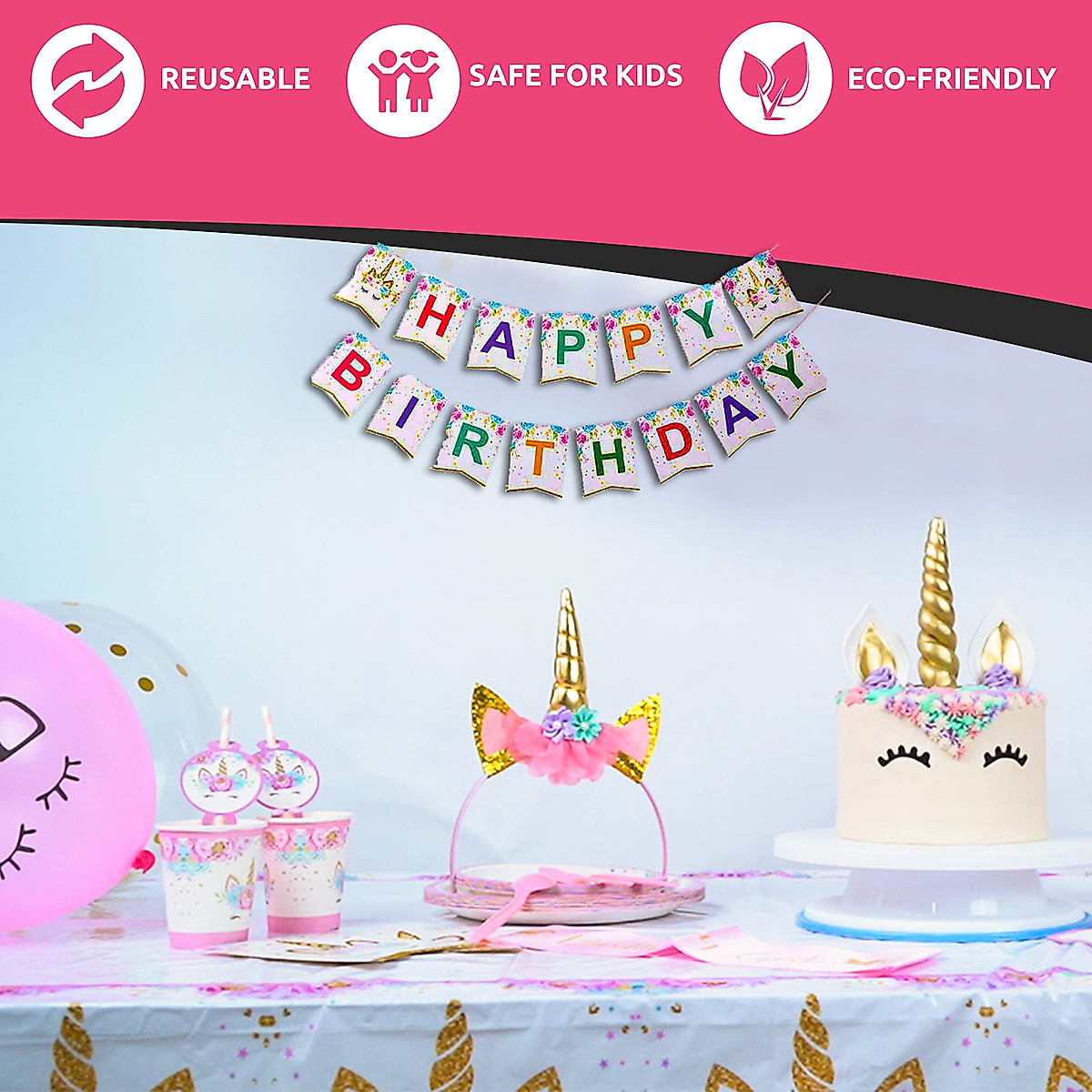 Unicorn Party Supplies Set - Serves 24 - Including Birthday Banner ,Large Tablecloth, Plates, Cups, Napkins, Straws , Headband, Sash, Unicorn Balloons & Much More.