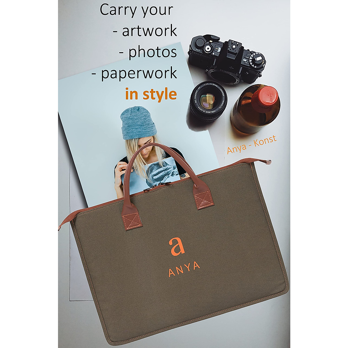 ANYA Art portfolio bag, artist carrying case, storage bag for artwork, posters with zipper and handles, light weight art bag for professionals, students KONST