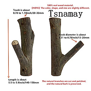 Tsnamay 8Pcs Real Wood Tree Branch Wall Hook, Farmhouse Rustic Decorative Wooden with Bark Trunk Thickness 2cm-3cm with Screw