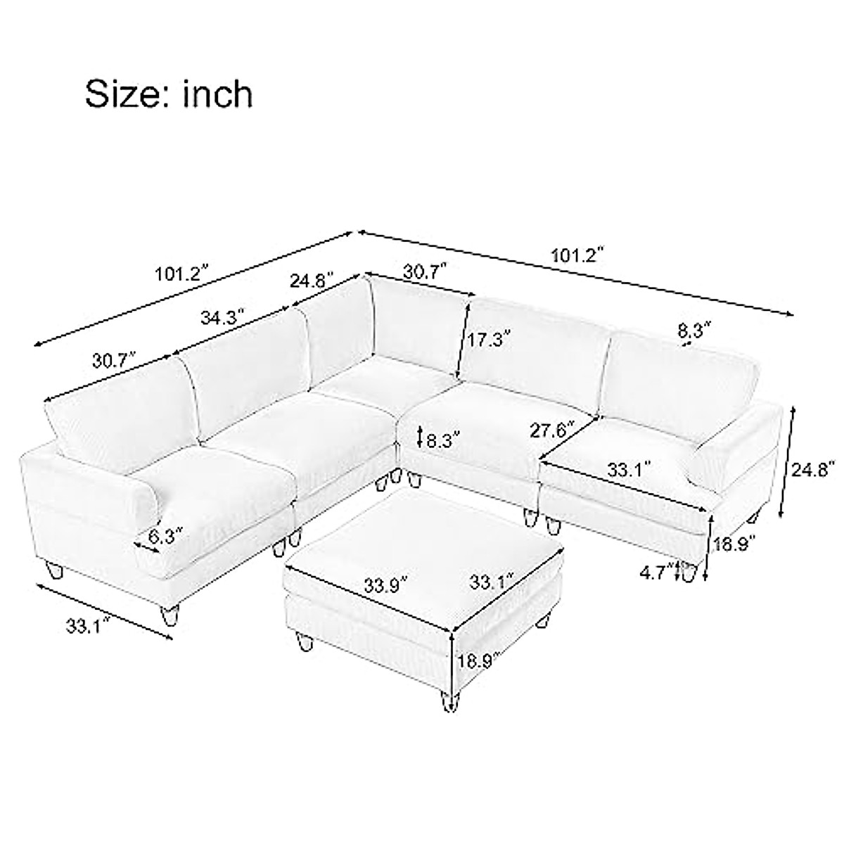 U-Shaped Oversized Corduroy Modular Sectional Sofa Couch with Movable Ottoman ,L/U 6 Seaters Free Combined Corner Sofa&Couch Convertible Spacious Sleeper Sofabed for Home Apartment Office Living Room