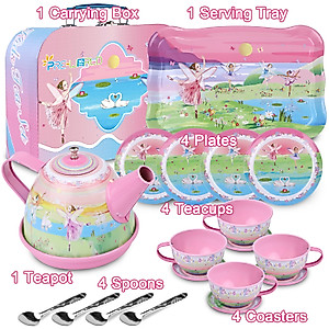 Tea Set for Little Girls,PRE-WORLD 50PCS Princess Tea Party Time Toy Including Dessert,Cookies,Doughnut,Teapot Tray Cake, Tablecloth & Carrying Case,Kids Kitchen Pretend Play for Girls Boys Age 3-6