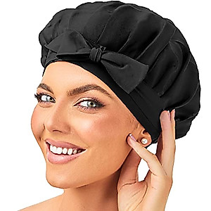 Silk Bonnet – 100% Mulberry Silk Sleep Cap Breathable & Adjustable Sleeping Caps Silk Hair Wrap Women Night Cap for Curly Hair with Elastic Tie Band Silk Satin Turban (Black)