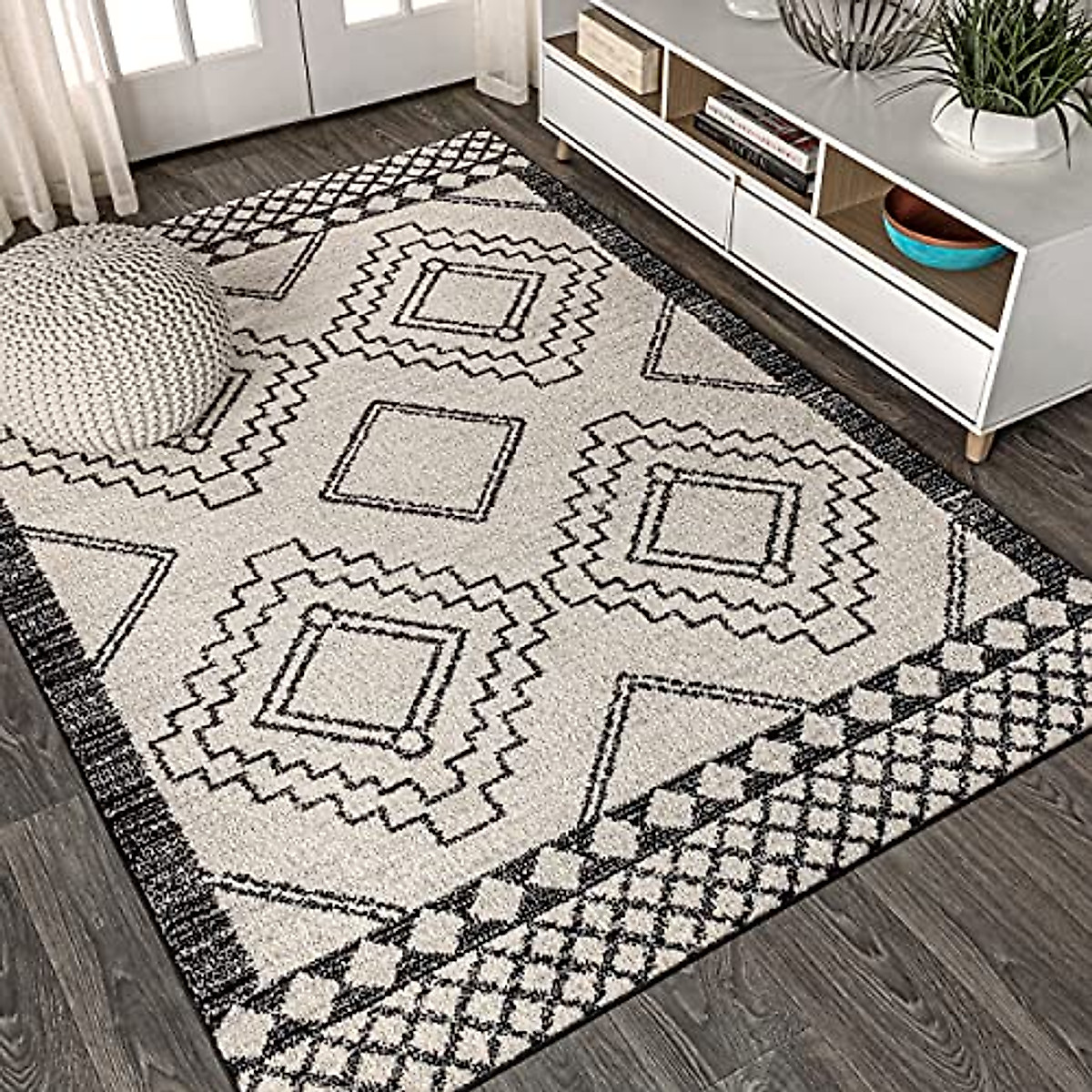 JONATHAN Y MOH200A-4 Amir Moroccan Beni Souk Indoor Area-Rug Bohemian Farmhouse Rustic Geometric Easy-Cleaning Bedroom Kitchen Living Room Non Shedding, 4 X 6, Cream,black