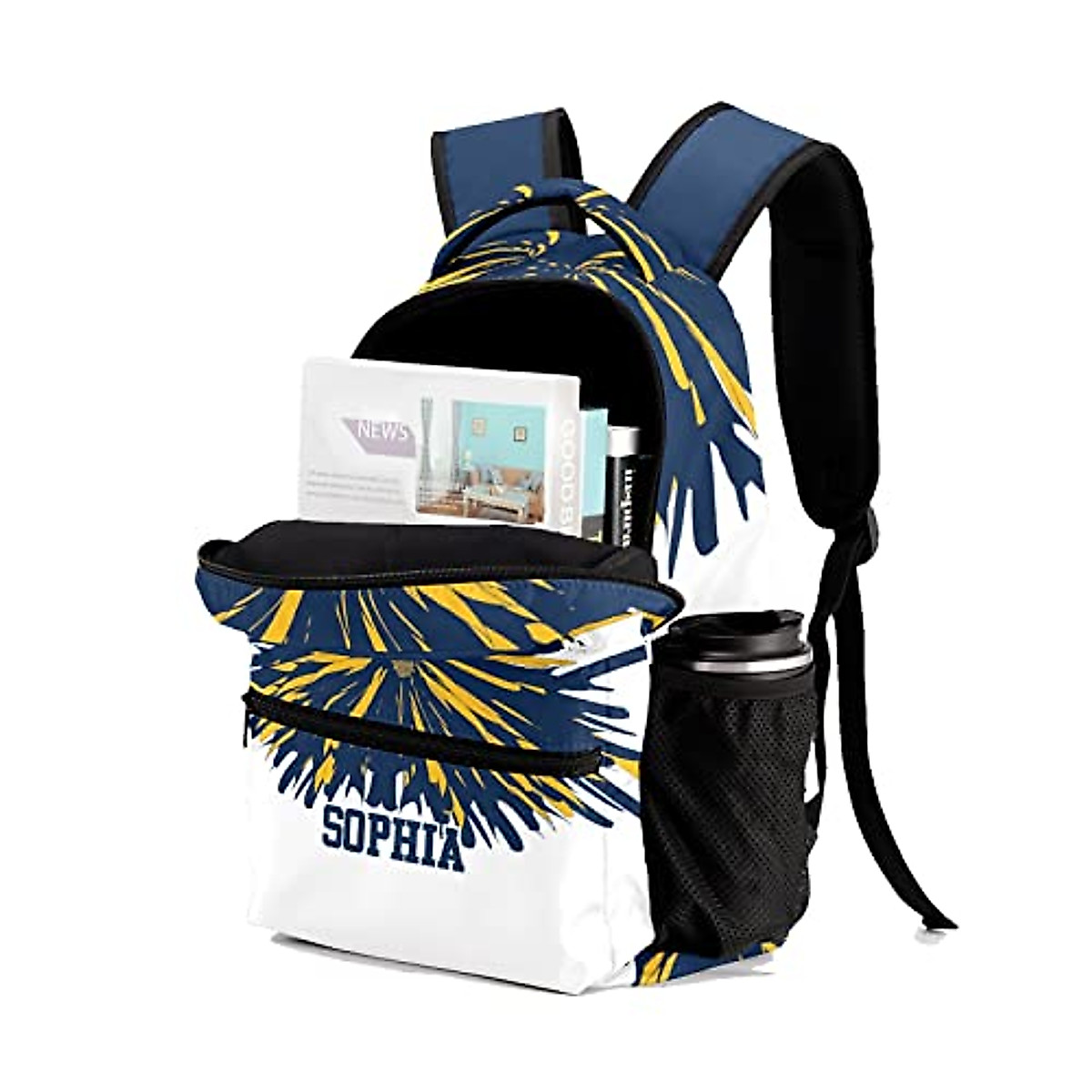 SunFancyCustom Cheerleader Navy Blue Gold Backpack Personalized Waterproof Casual Daypack Gift for Holiday Birthday