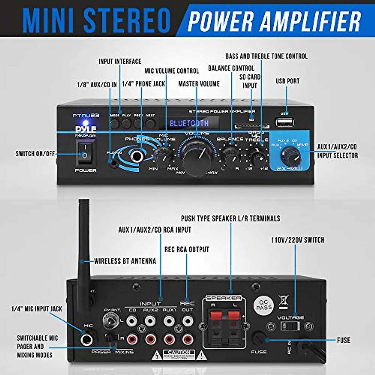 Pyle Home Home Audio Bluetooth Power Amplifier System - 2X40W Mini Dual Channel Mixer Sound Stereo Receiver Box w/ RCA, USB, AUX, Headphone, Mic Input, Theater, Home Entertainment, Studio Use-PTAU23