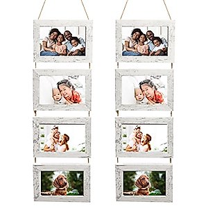 Houseables Collage Picture Frame, Hanging Photo Frames, 4” x 6” Prints, 2 PK, 4 Frame Set, White, Whitewash, Wood, w/Glass, Twine, Hanger, Rustic Style, Country Chic, Landscape, Farmhouse Decor