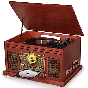 3-Speed Bluetooth Turntable with Stereo Speakers, CD/Cassette Player, FM Radio and Wireless Music Streaming - Mahogany