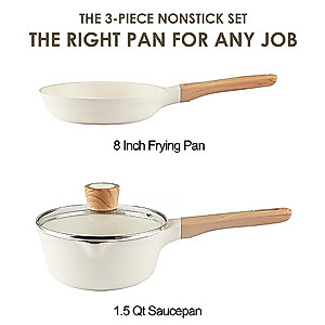 Pots and Pans Set Nonstick - YIIFEEO 3 Piece Granite Kitchen Cookware Sets 8" Non stick Frying Pan and 1.5 Qt Sauce Pan with Lid, Induction Cookware, Small Non Toxic Pans for Cooking Pasta Pot Gifts